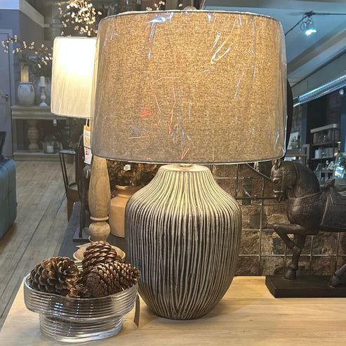 Ochre Carved Textured Table Lamp With Linen Shade 71cm | Annie Mo's